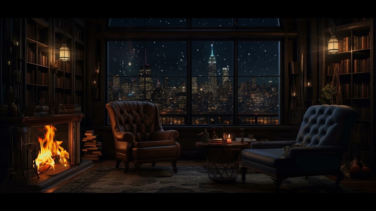 Winter Fireplace Ambience 🔥📚 | Snowy Night in the City | Relax w ...