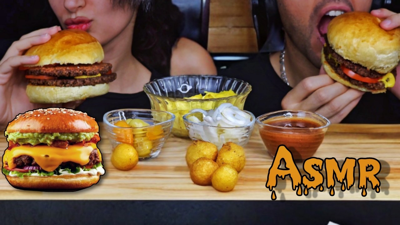 ASMR Cheeseburger, & Crunchy Potato Balls, Cheesy sauce | EATING SOUNDS ...