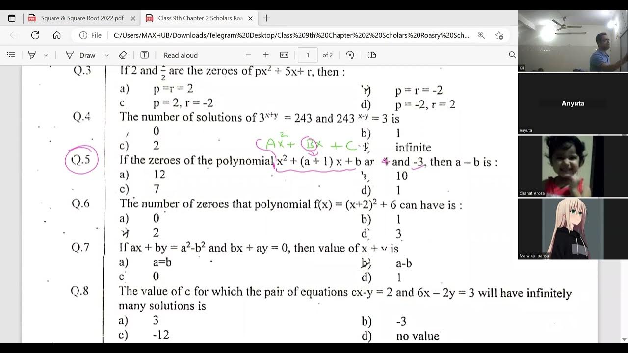 If the zeros of the quadratic polynomial x2+(a+1)x+b are and −3, then - YouTube