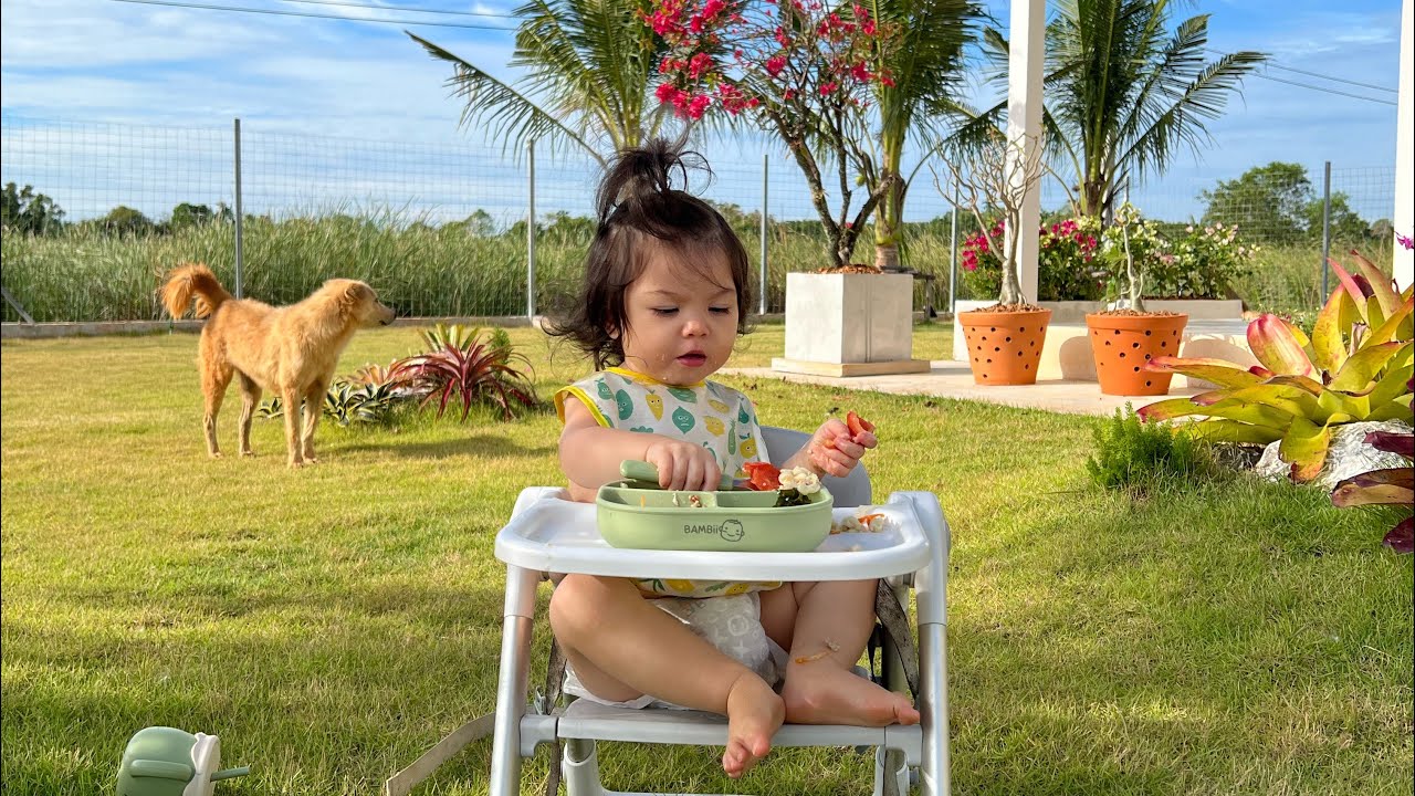 Baby & Dog Eating Together in Countryside | Cute Baby Feeding & Animal ...