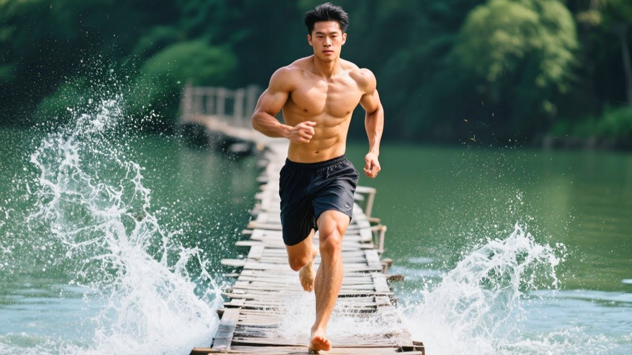 Asian handsome muscular man running on a very narrow and long wooden ...