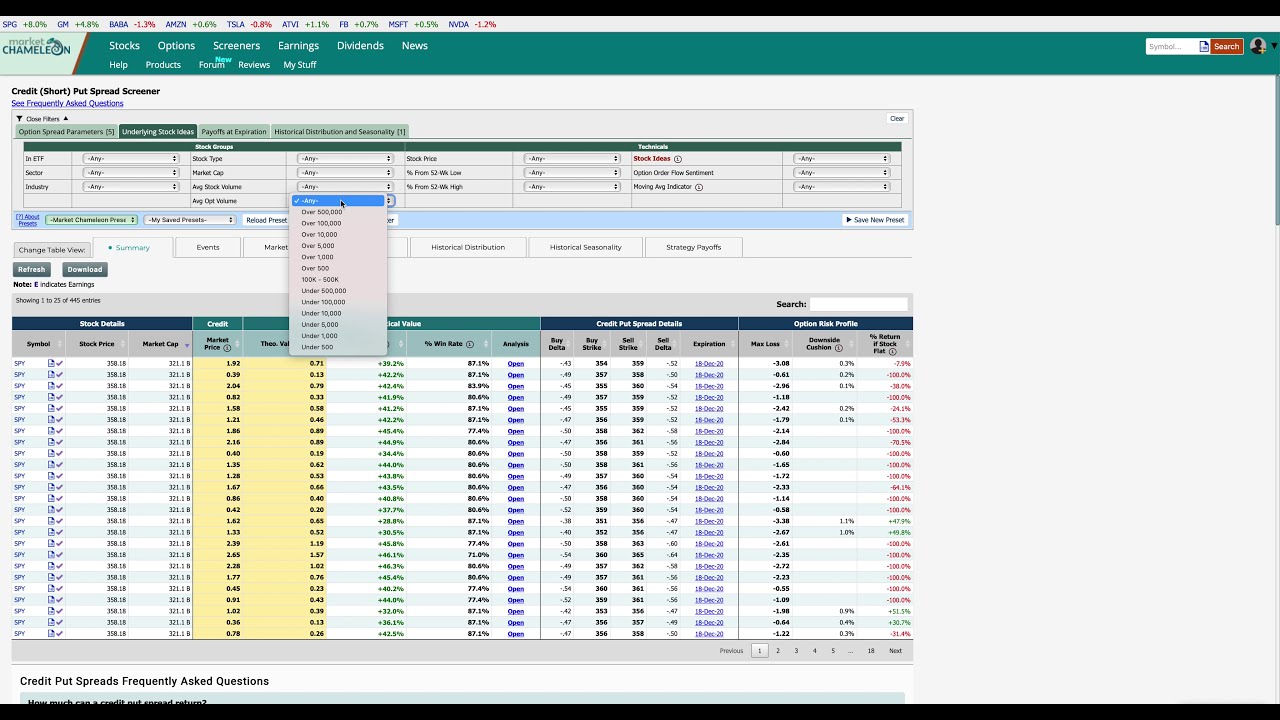 Market Chameleon Put Spread Screener and trade example - YouTube