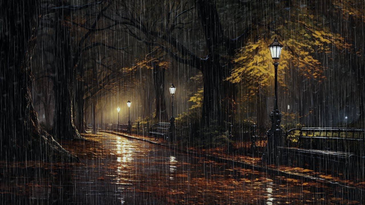 Quiet rain on the road in the park 💤 Deep sleep with a pleasant sound ...