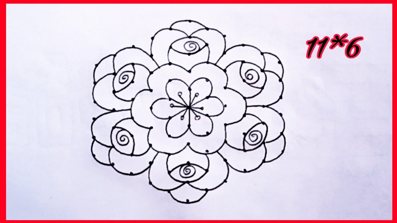 11*6 dots Rose🌹rangoli|Flowers🌻Rangoli|Daily Rangoli|poo kolam|Muggulu ...
