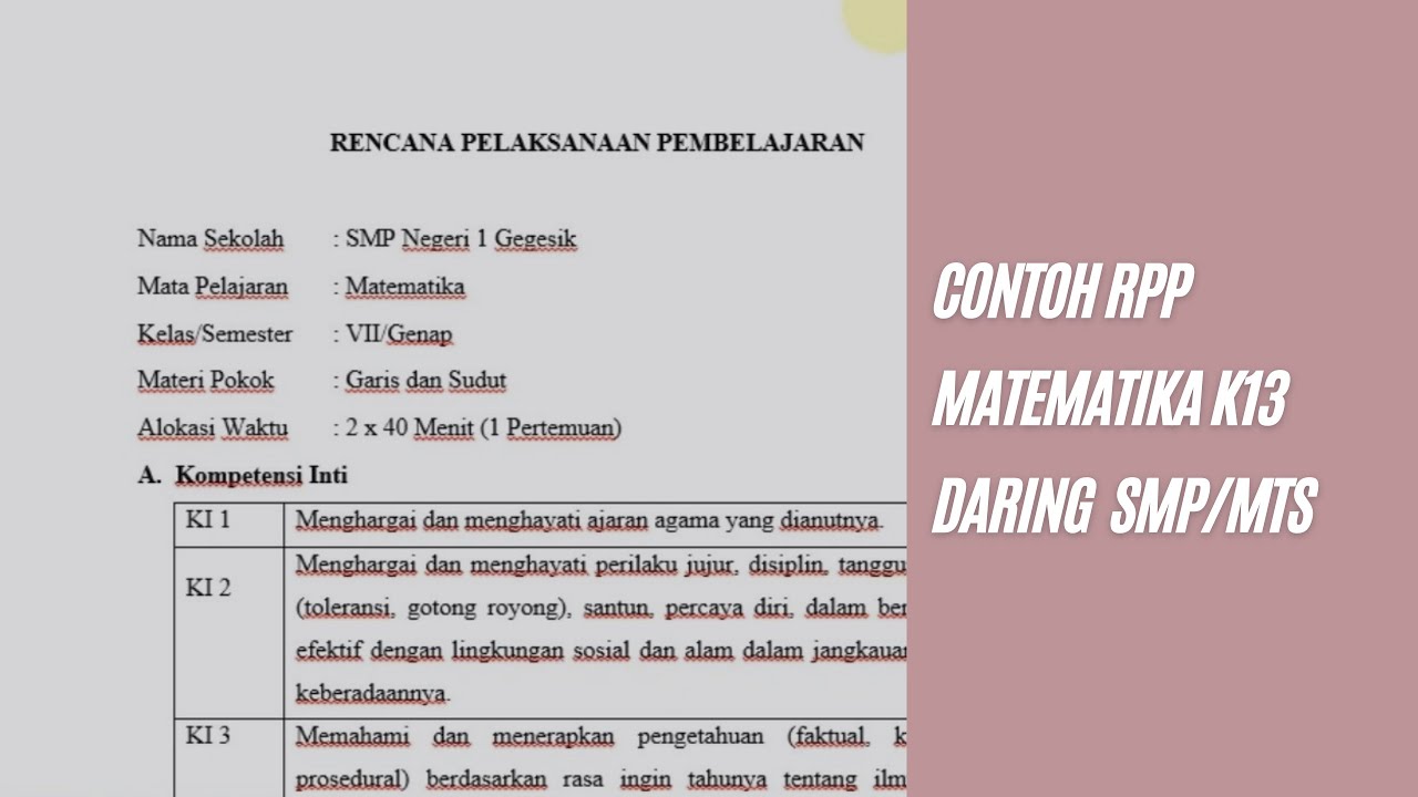 TUTORIAL CONTOH RPP MATEMATIKA K13 DARING UNTUK SMP/MTS - YouTube