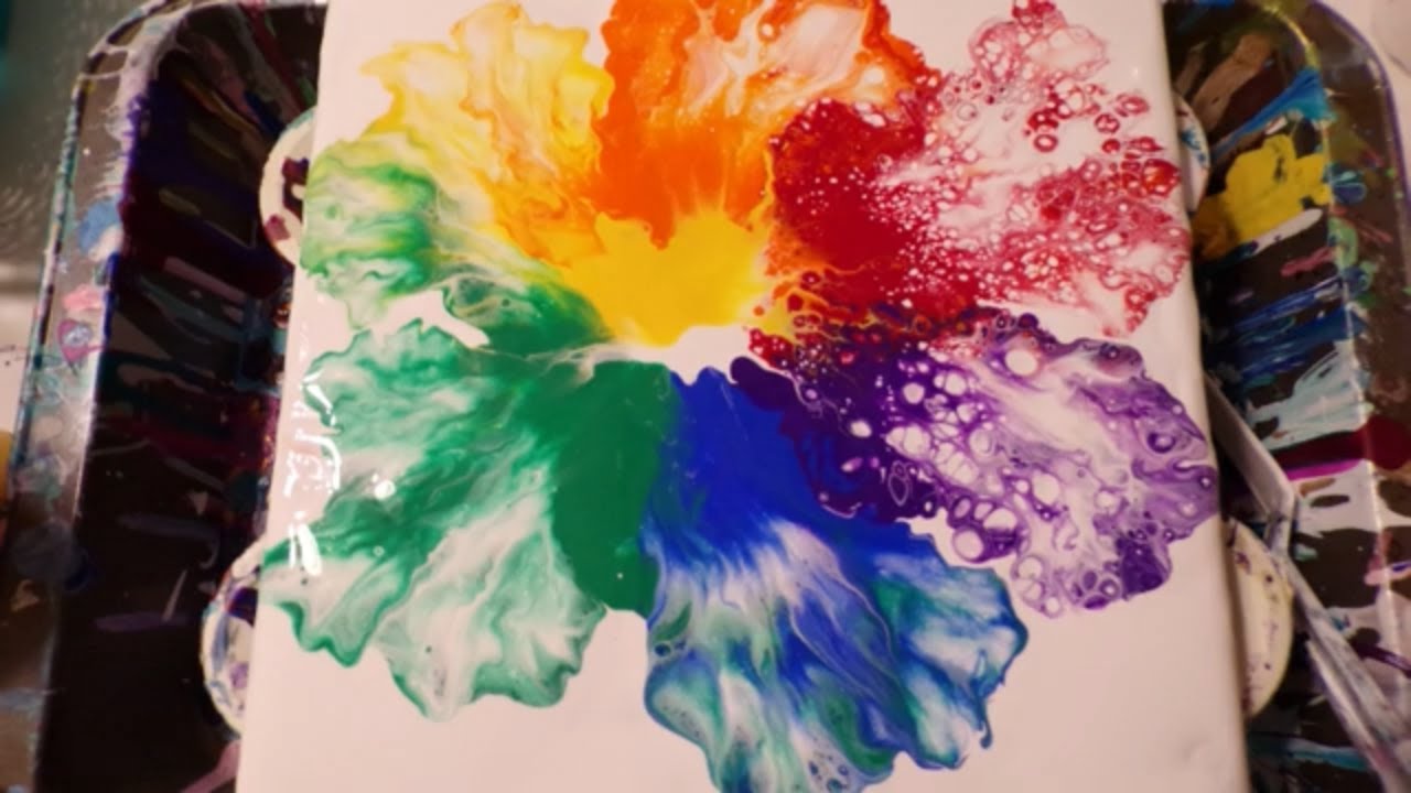 Rainbow Blown Flower Paint Pour - YouTube