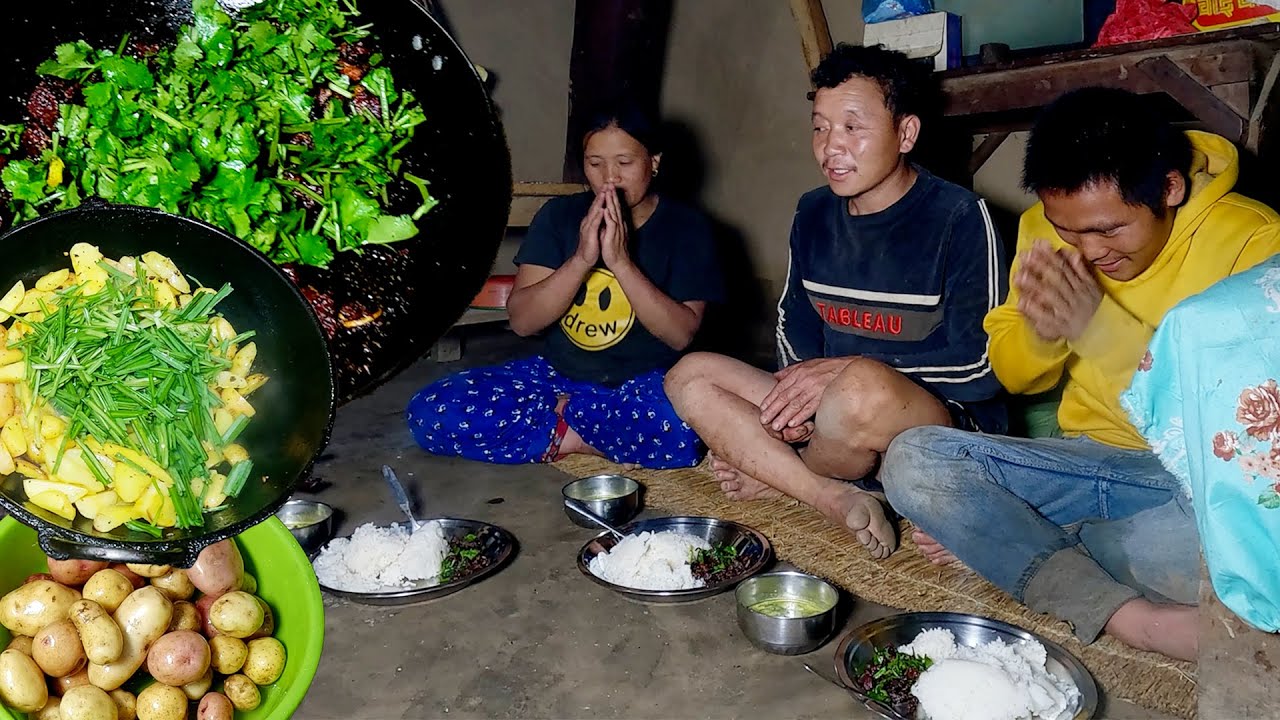 bhumi sarmila cook buff potato mix curry and rice for village boy ...