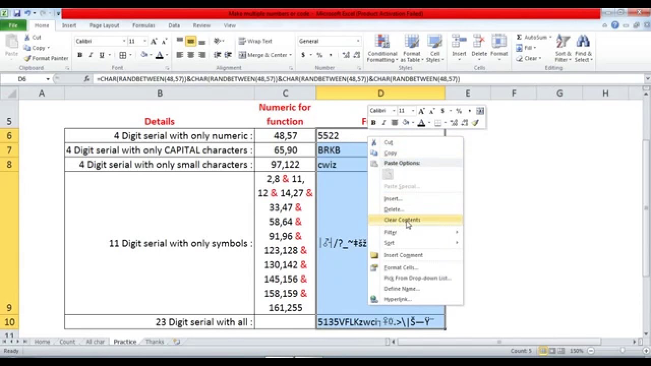 Excel Char & Randbetween Function - YouTube