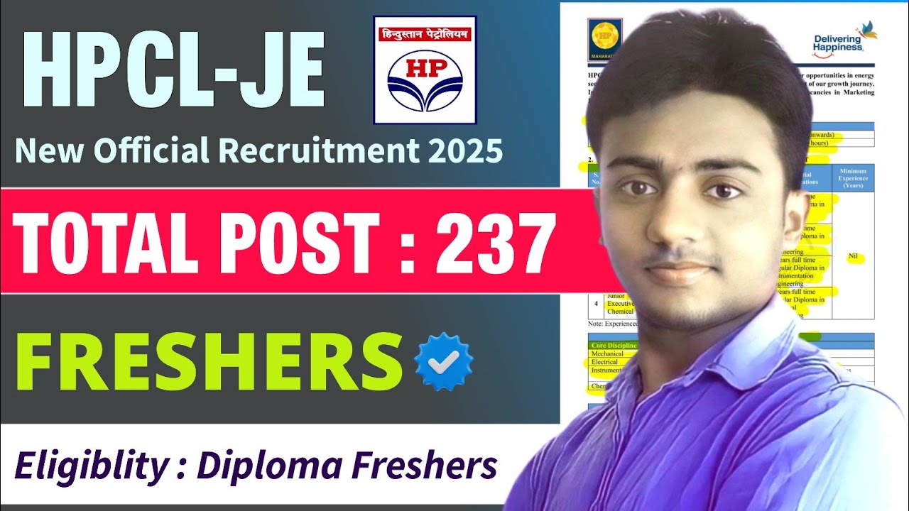HPCL Recruitment 2025। Junior Engineer। FRESHERS। HPCL JE Vacancy 2025 ...