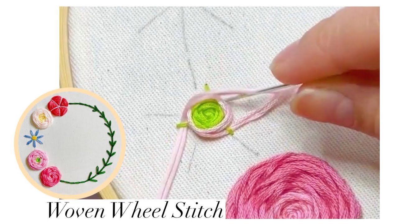 How to embroidery simple roses || Woven Wheel Stitch || Floral Wreath ...