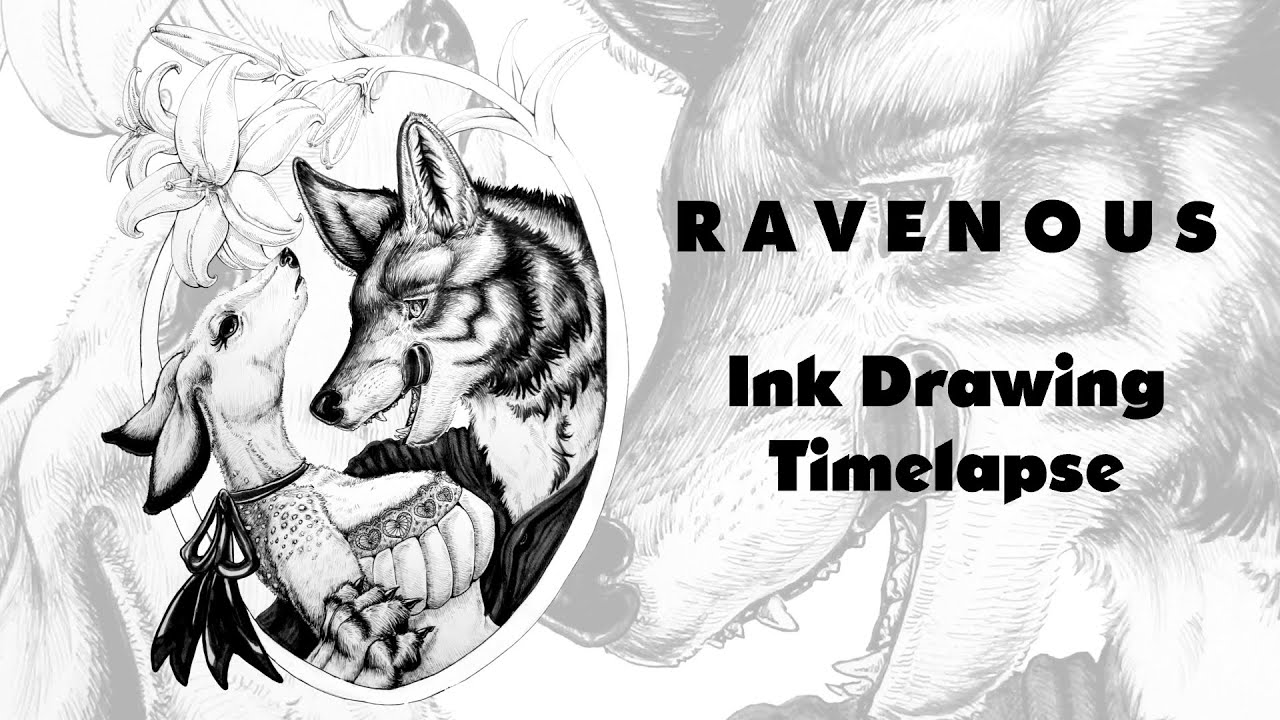 "Ravenous" (Wolf and Deer) Drawing Timelapse | Pen and Ink - YouTube