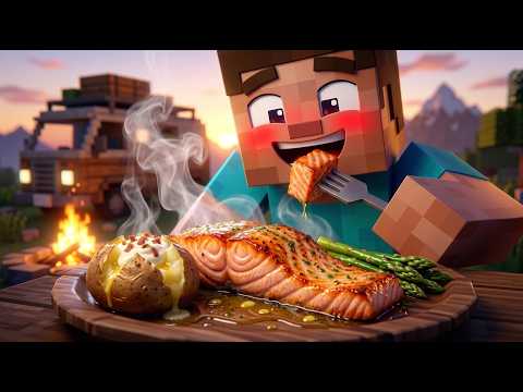 STEVE & ALEX COOK SALMON! 🐟 A Cozy Mountain Camping Trip & Making Delicious Fish | Minecraft Style