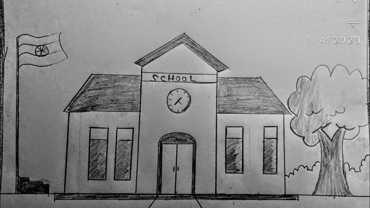 school scenery drawing easy! school scenery drawing colour 2023 - YouTube