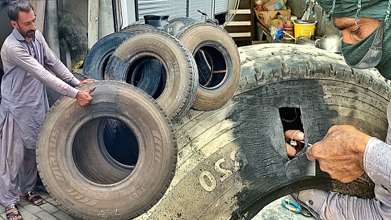 This is How We Repair Huge Exploded Tire With Amazing Hand Art - YouTube