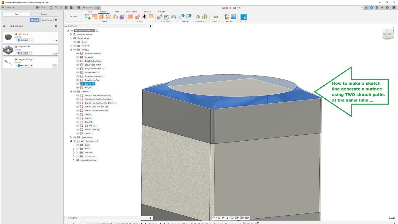 Fusion 360 - How to make a sketch line generate a surface following 2 ...
