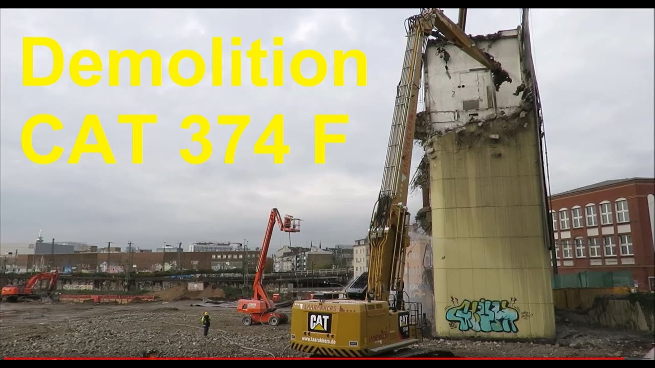 Excavator CAT 374 F demolition tower - YouTube