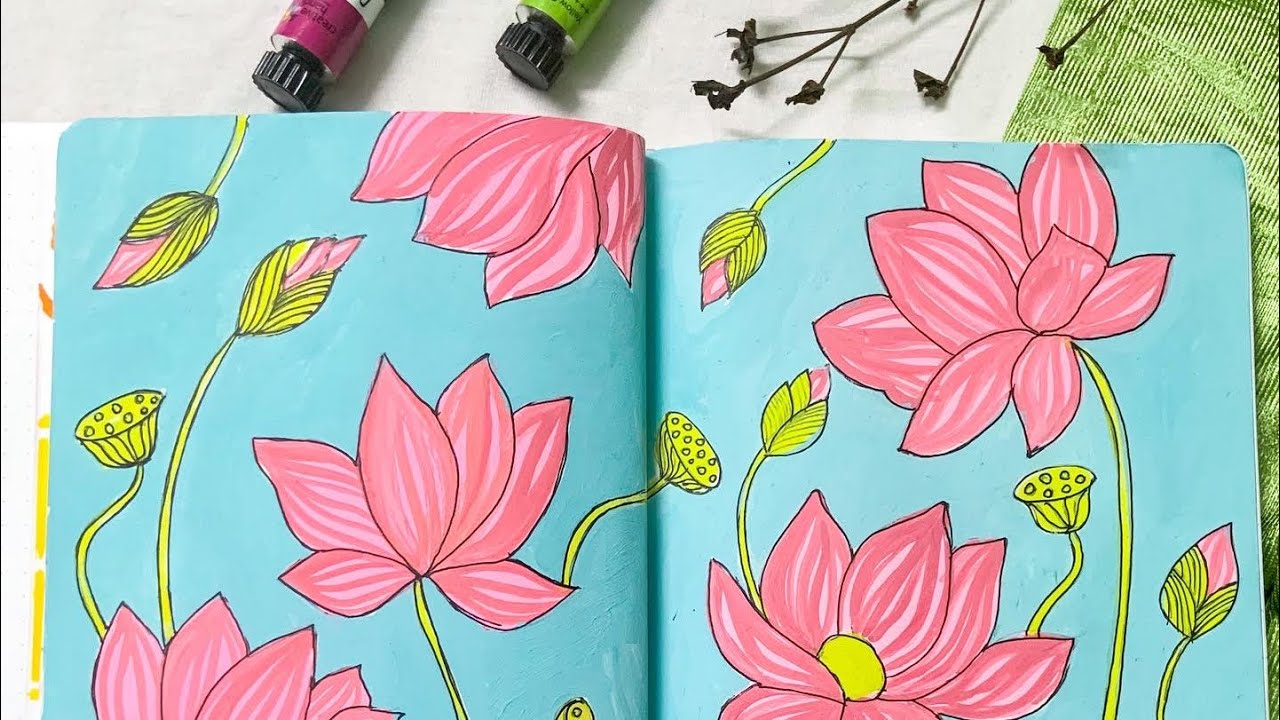 Lotus pattern | gouache painting ideas | pateen design - YouTube