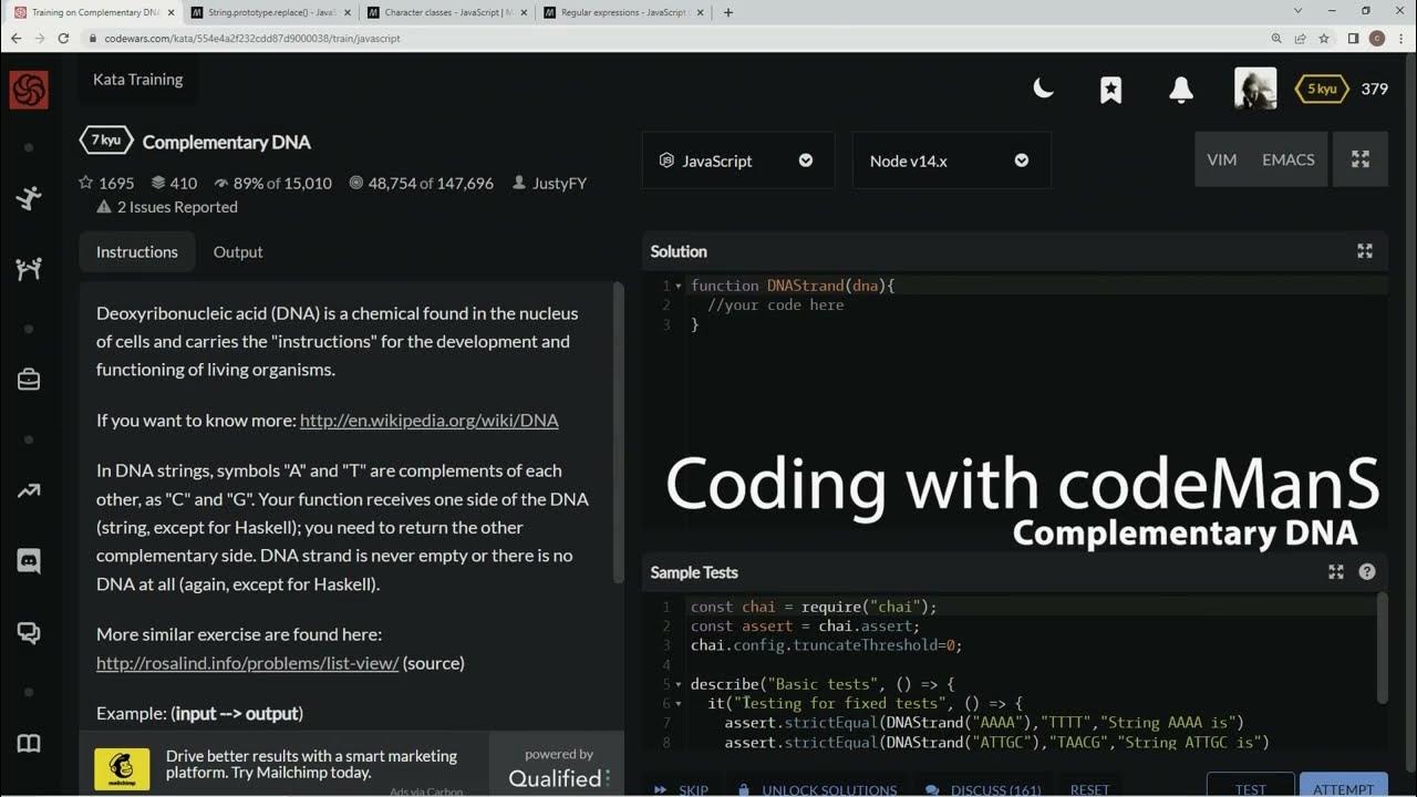 Codewars 7 kyu Complementary DNA JavaScript - YouTube