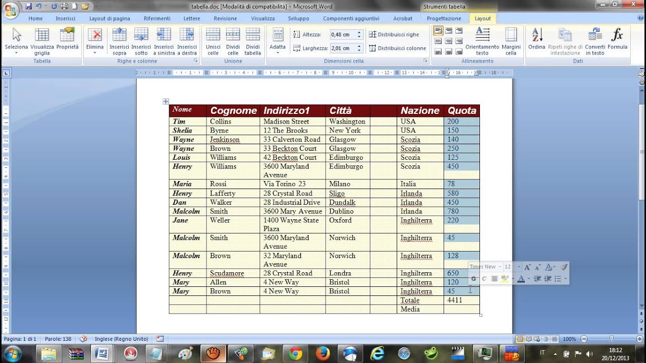 interrompere le righe di una tabella usare funzioni in una tabella word ...