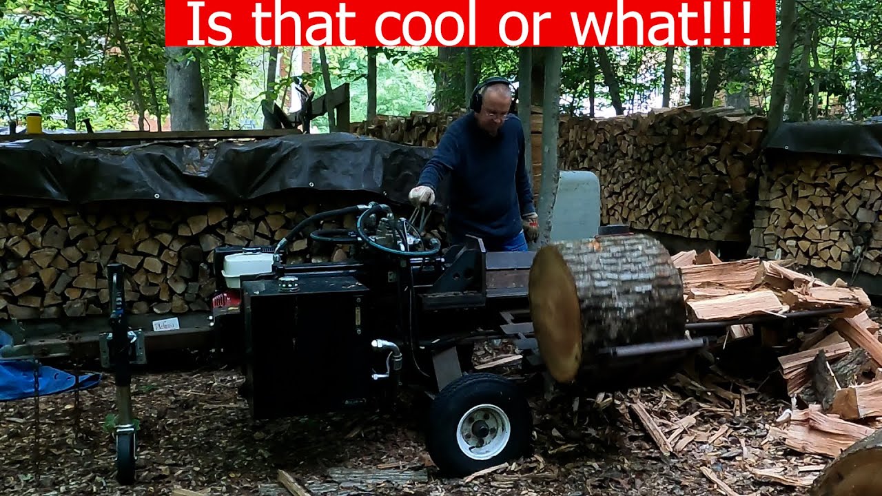 Home built log splitter with log lift making firewood - YouTube