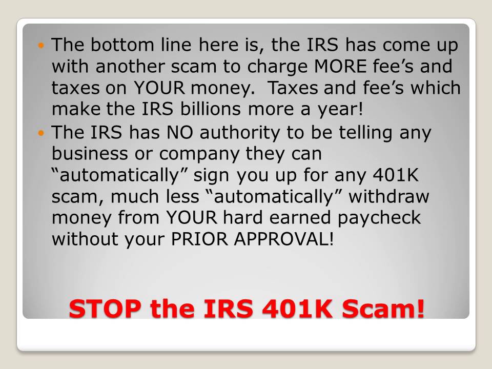 STOP the IRS 401K Scam ! - YouTube