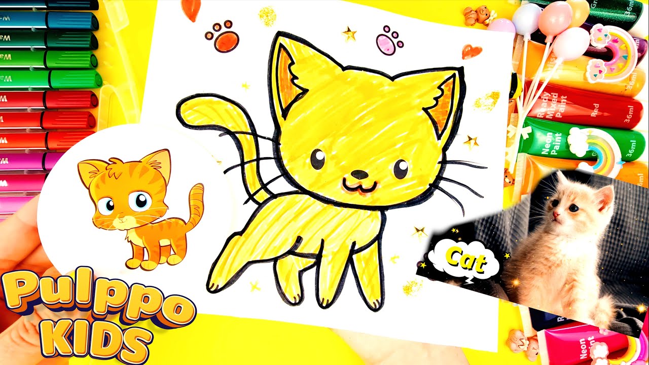 Color a Cute CAT Real Videos😻Kitten Drawing and Coloring for Kids🎨Learn ...