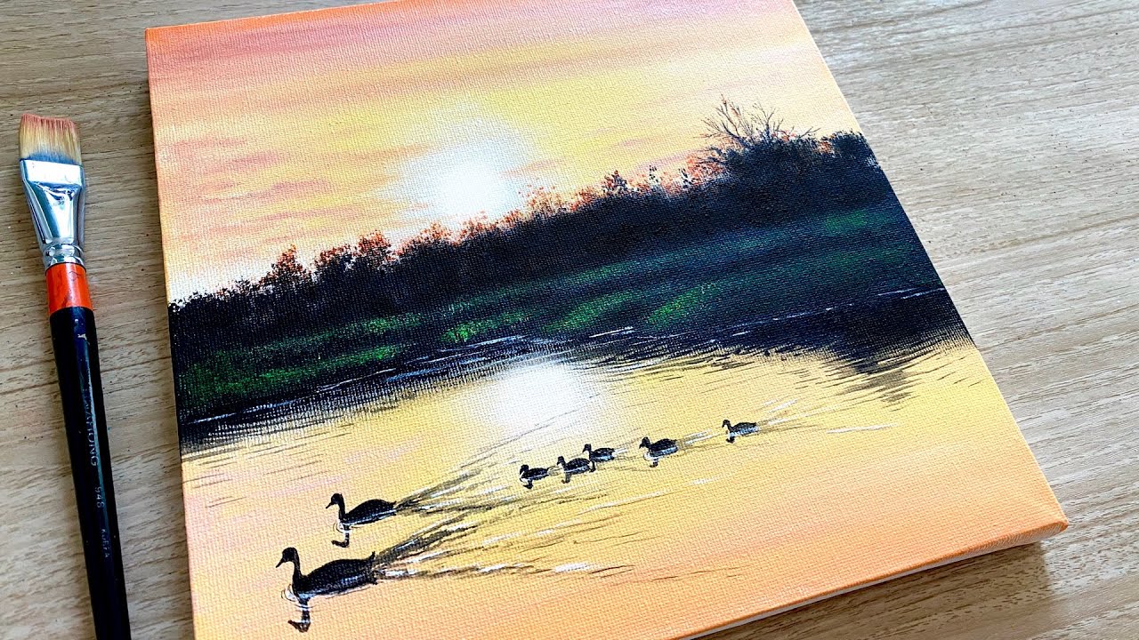 Sunset Lake Acrylic Painting for Beginners / Step by Step / Daily ...