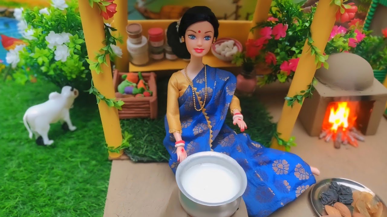 Barbie doll first mini cooking in village style 🏕️ বার্বি পায়েস আর ...