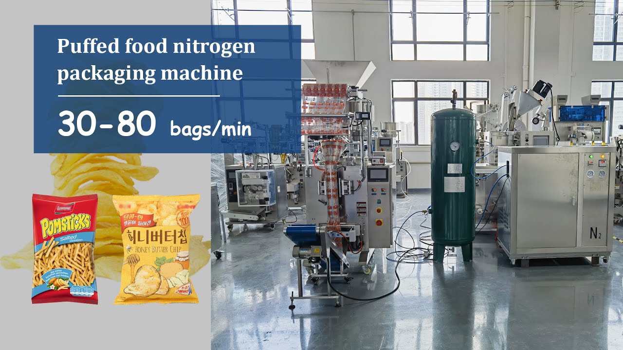 Automatic Nitrogen Potato Chip Bag Puffed Food Packaging Machine - YouTube