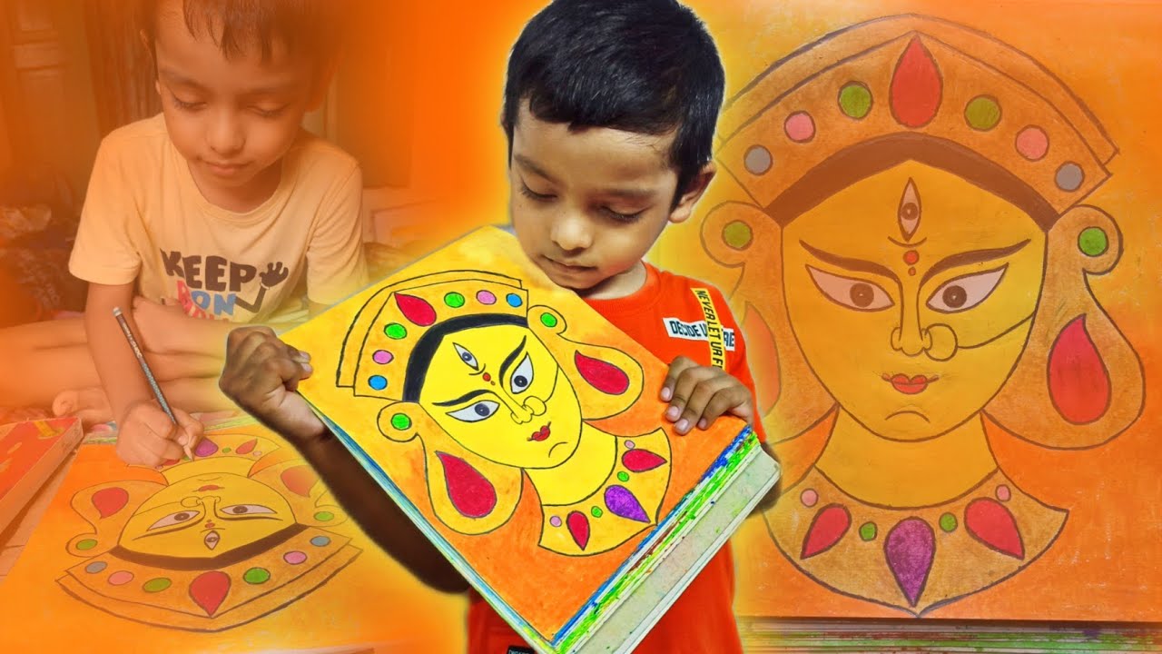 How a Kid Draw Maa Durga | Easy Durga Puja Drawing for Kids | Durga ...