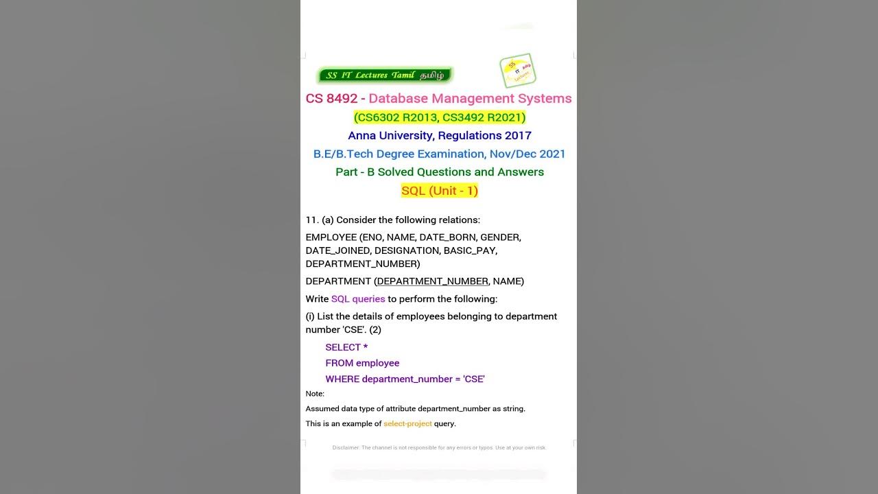 DBMS SQL Query Anna University Part B Important Solved Question #shorts #dbms #SSITLecturesTamil ...
