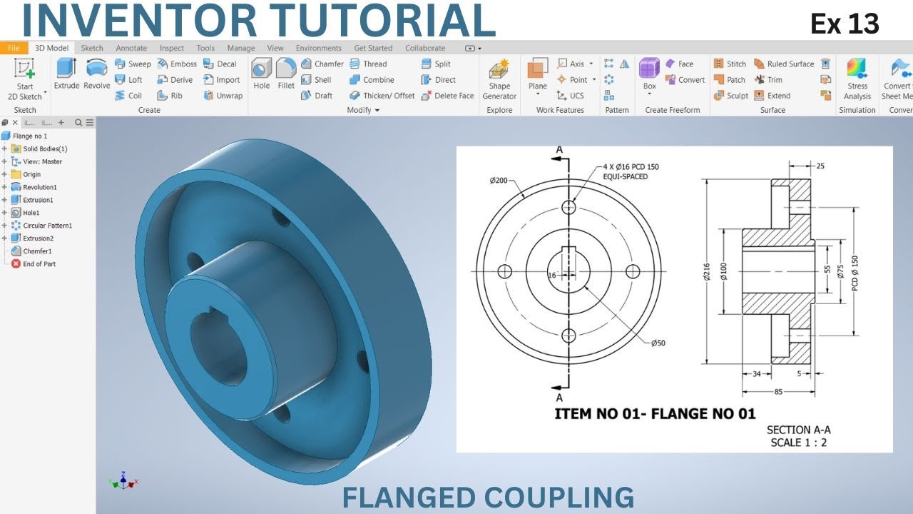 Autodesk inventor 3D modeling Tutorial | Ex 13 | Flange no 1| Flanged Coupling | - YouTube