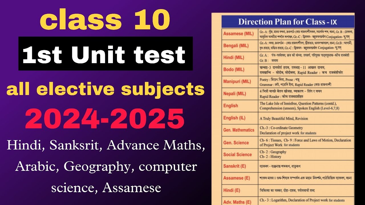 Class 10 1st Unit test syllabus 2024 all elective subjects SEBA board ...
