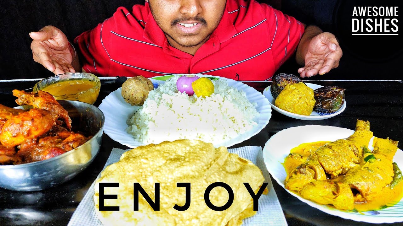 ASMR: Eating-Rice,Aloo & Man-Kachu Bharta,Bengan,Daal,Papad,Chicken ...