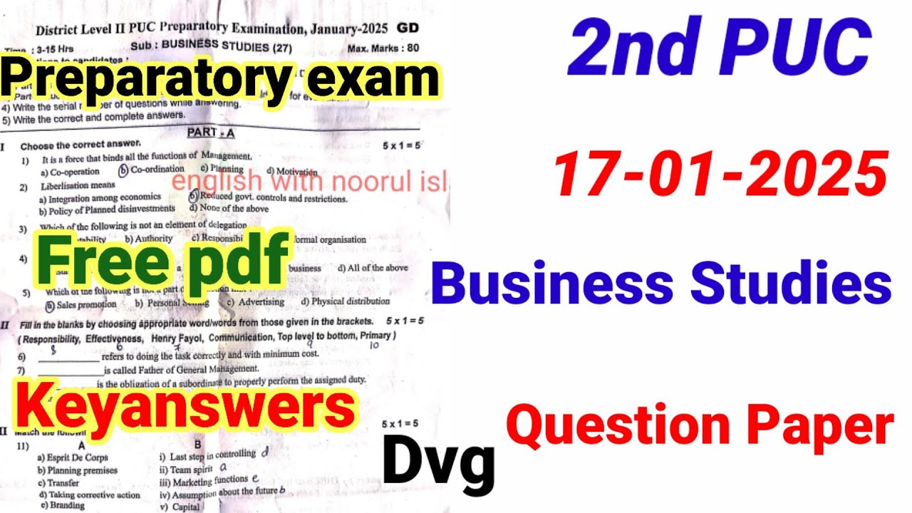 2nd PUC Business Studies Preparatory question Paper 20235 kseab - YouTube