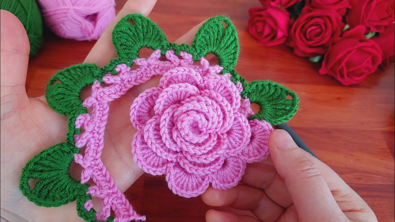 💯Wonderful Crochet: How to Make 3D Tea Rose with Leaves🌷Crochet Flower ...