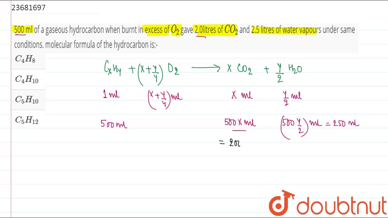 500 ml of a gaseous hydrocarbon when burnt in excess of `O_(2)` gave 2 ...