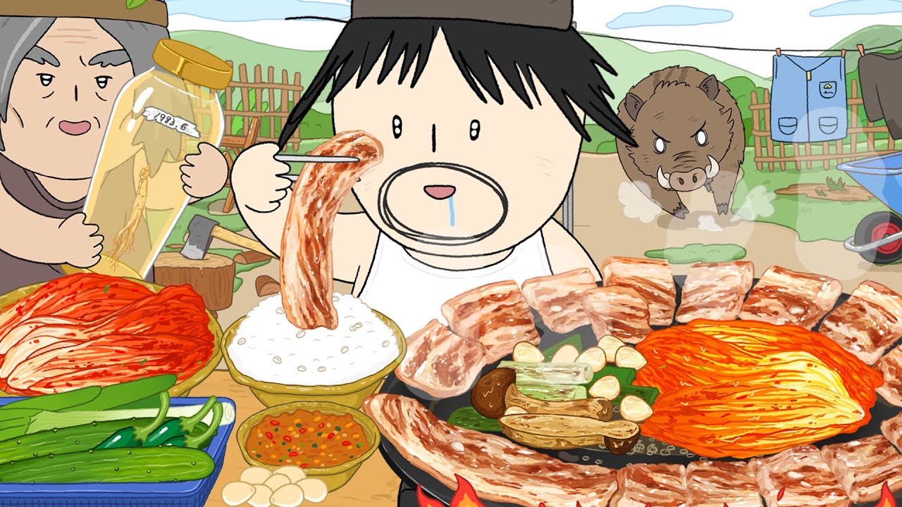 자연인과 솥뚜껑 삼겹살 먹방-애니먹방/ Side Pork(samgyeopsal) Mukbang/Animation ASMR ...