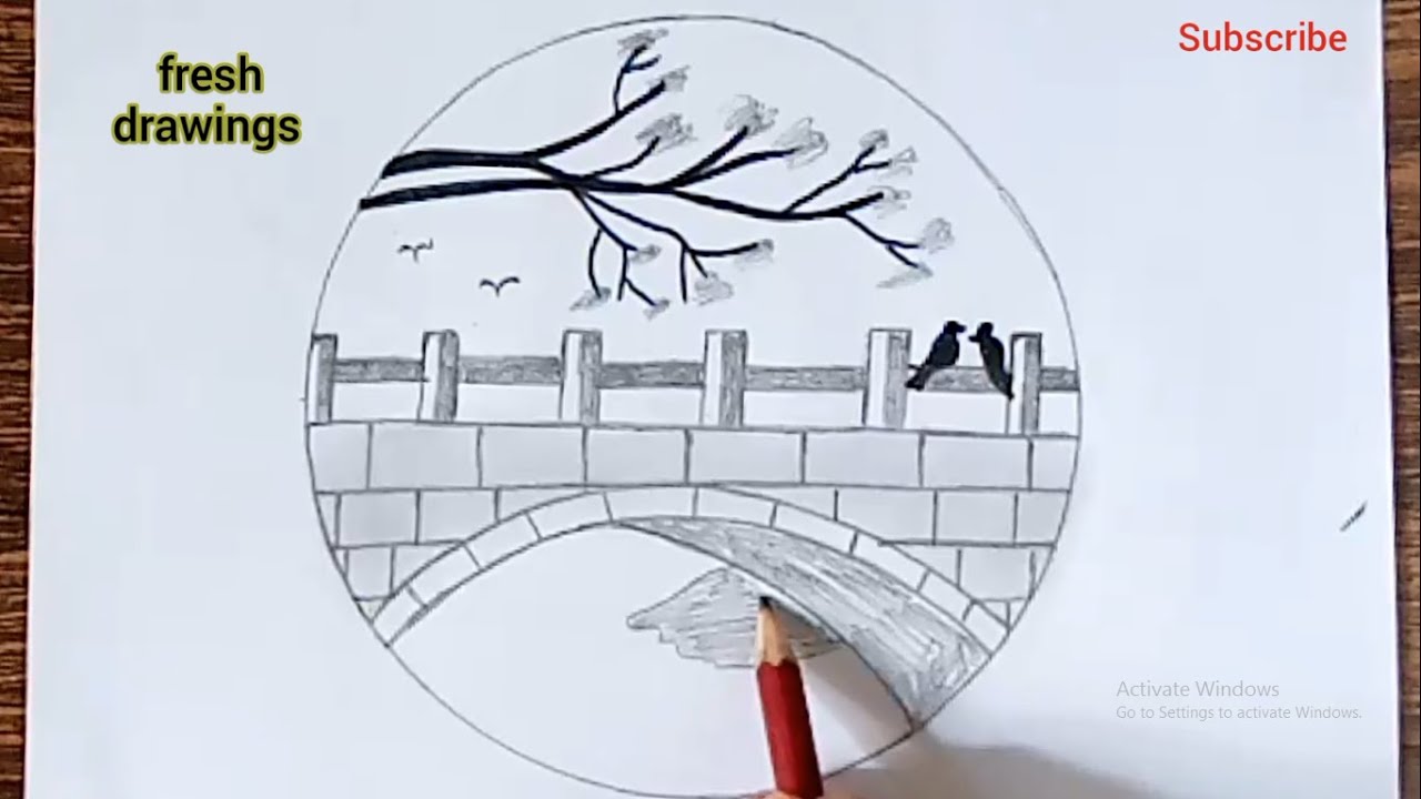 Bridge Scenery Drawing Easy | Bridge Scenery Drawing - YouTube