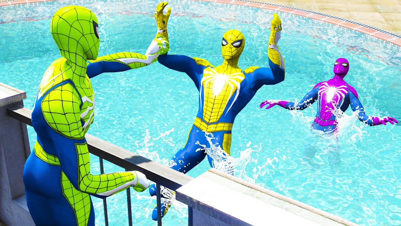 GTA 5 Rainbow Spiderman Falling Into Pool (Spider-Man Jumps & Ragdolls ...