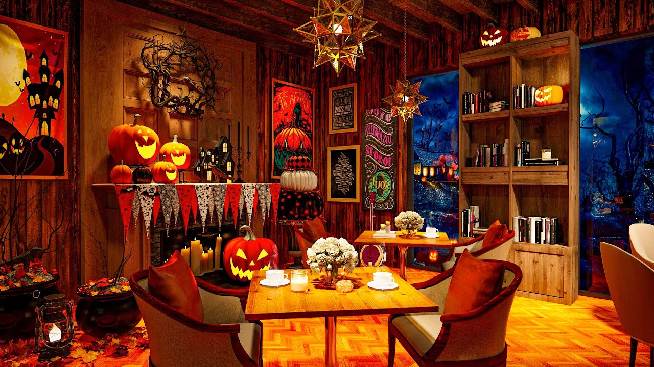 Cozy Halloween Coffee Shop Ambience 🎃 Smooth Jazz Music and Fall Spooky ...