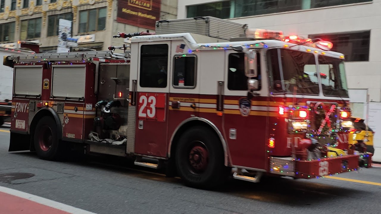 FDNY Engine 23 Responding With A Spare and Christmas Lights On West ...