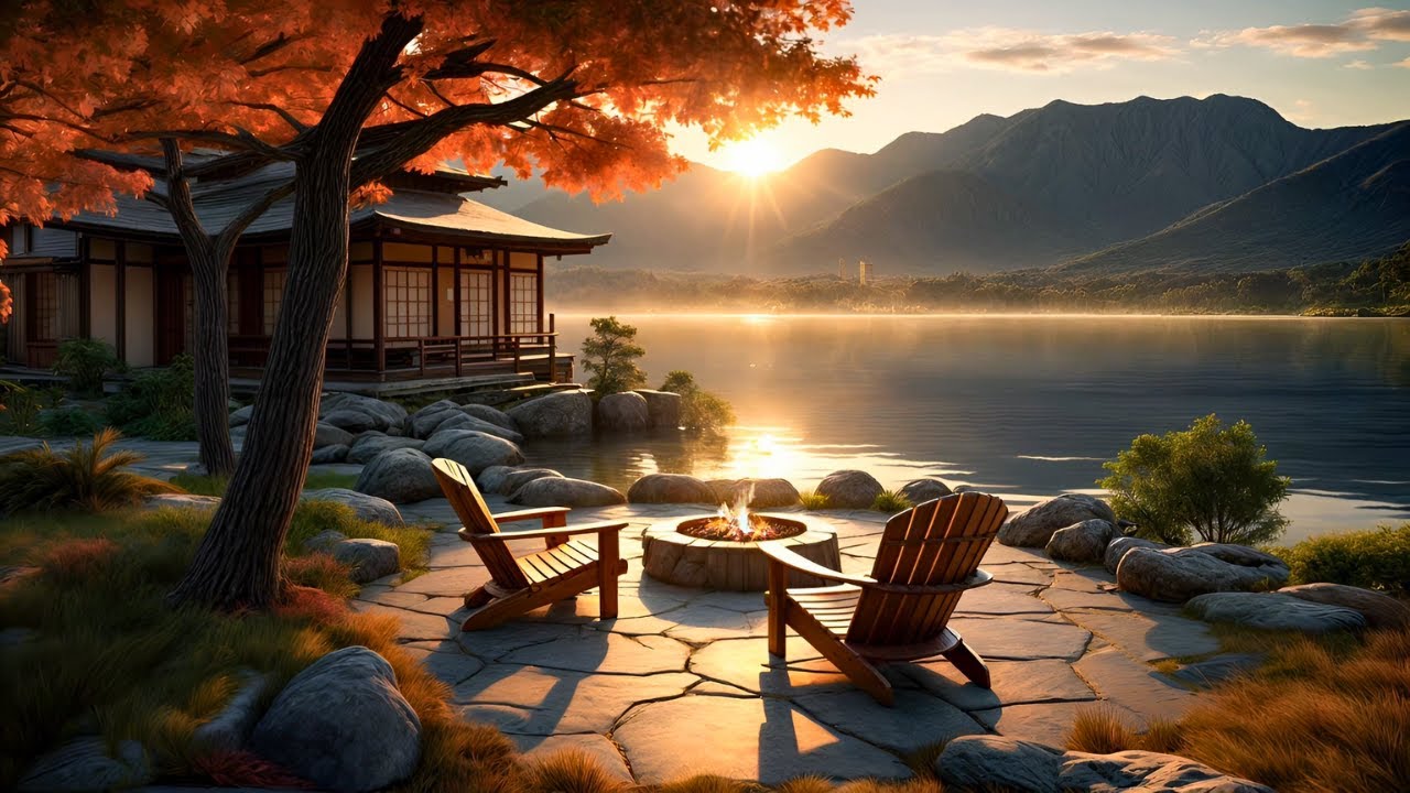 Lakeside in Morning Ambience | Fireplace and Nature Sounds for Focus ...
