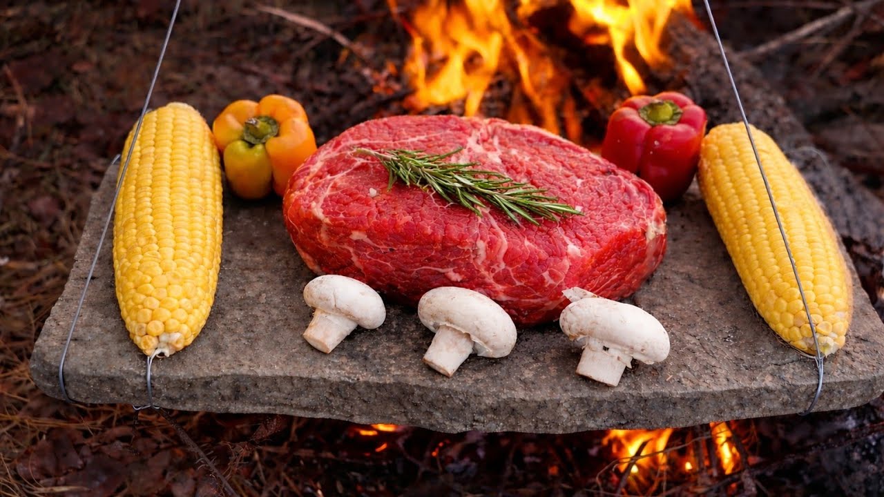Cooking a Delicious Steak on a Hot Stone Over a Campfire | Cold Winter ...