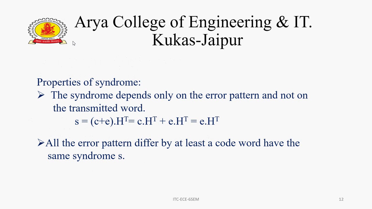 LINEAR BLOCK CODE - ITC By SACHIN CHAUHAN | Arya College - YouTube