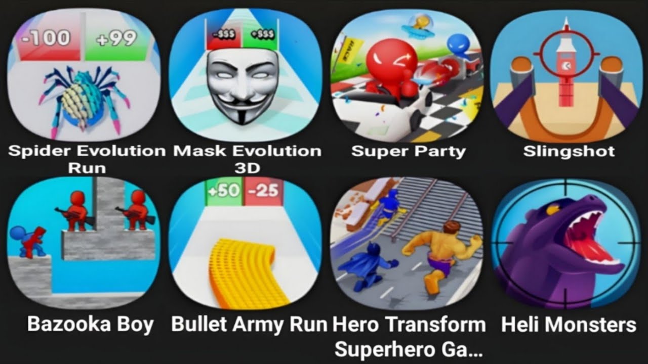 Spider Evolution Run, Mask Evolution 3D, Heli Monsters, Hero Transform Super Hero, Bullet Army ...