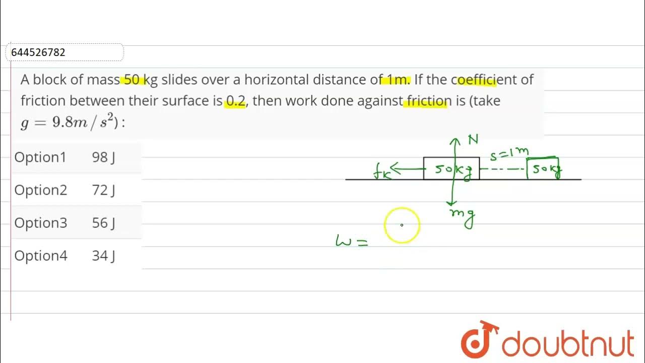 A block of mass 50 kg slides over a horizontal distance of 1m. If the coefficient of friction be ...
