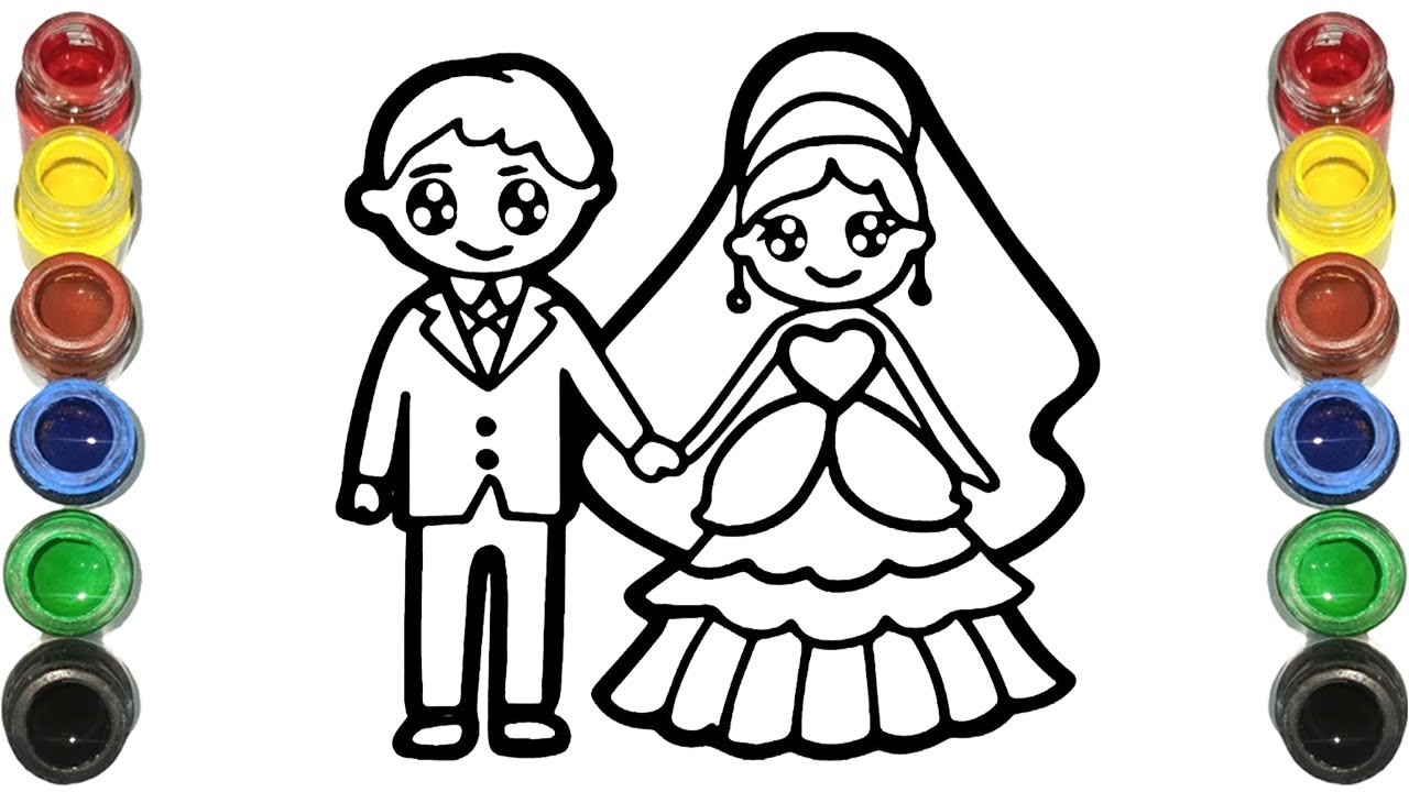 How to draw a Cute Bride and groom Drawing, Painting, Coloring for Kids ...