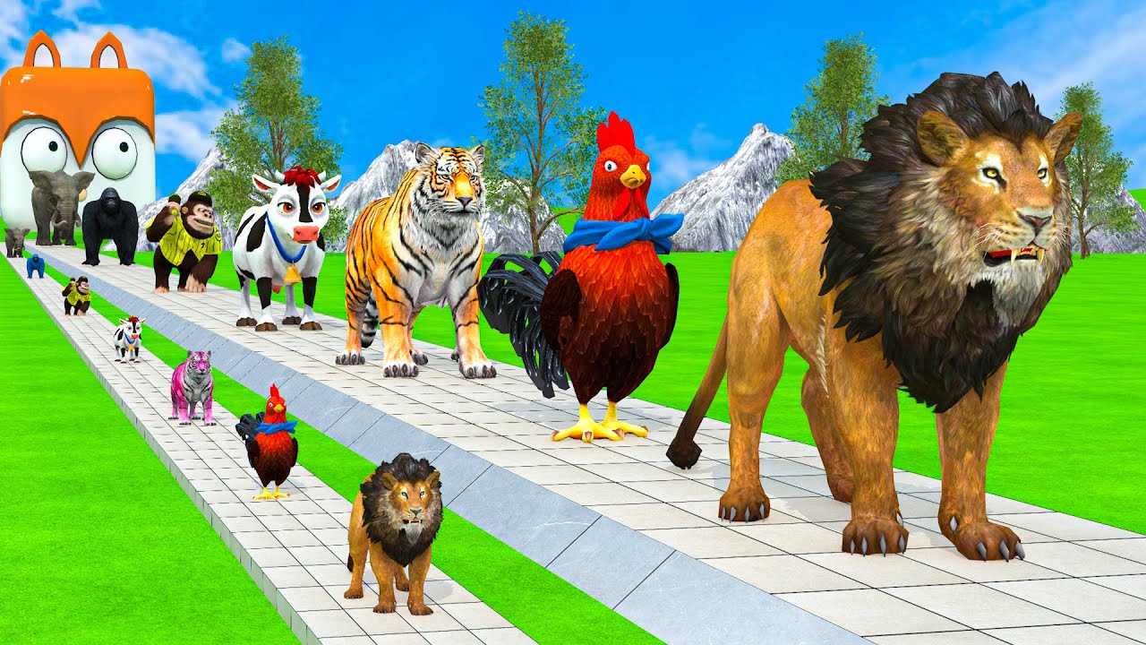 Long Slide Game with Cow Elephant Gorilla Hippopotamus Tiger 3d Animal ...