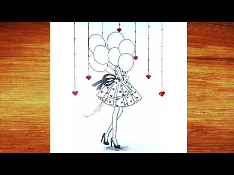 How To Draw A Girl Holding Balloons | Draw A Girl With Balloons ...